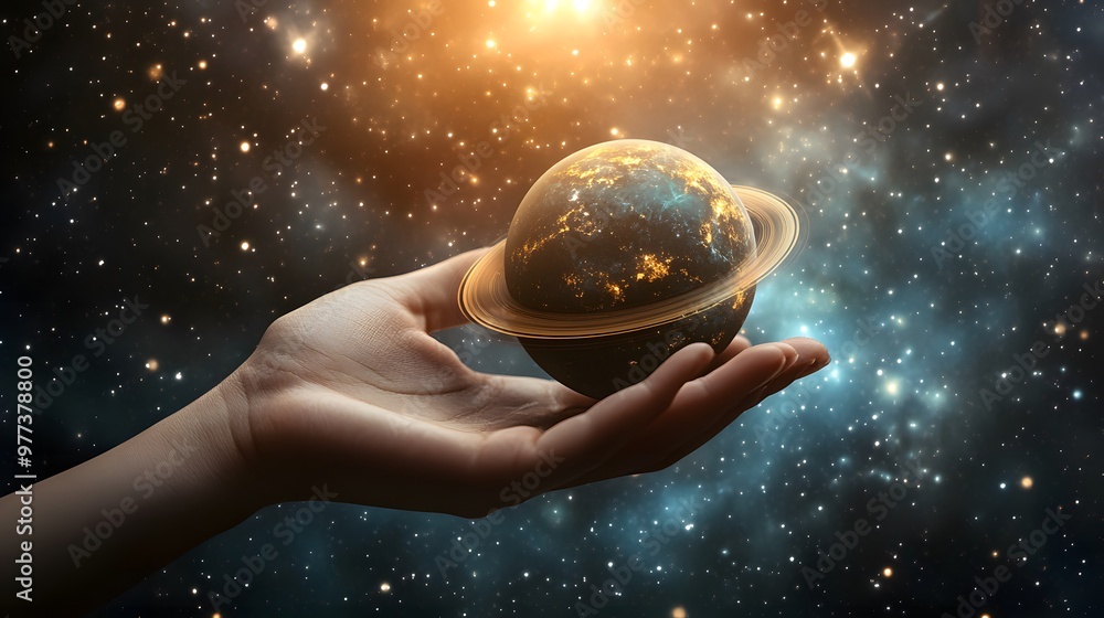 Hand Holding a Ringed Planet: A hand cupping a small ringed planet ...