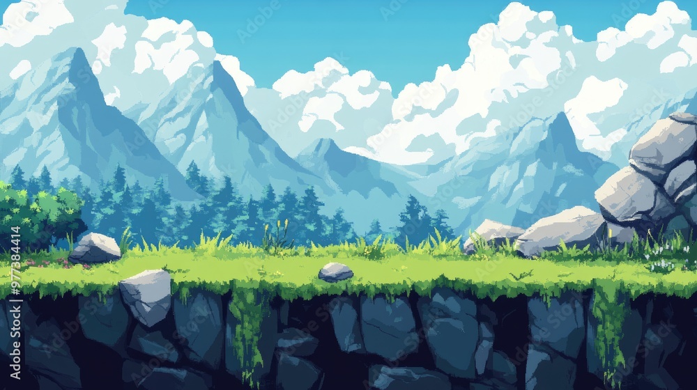 Mountain level background in a 2D style, showcasing rocky terrain and ...