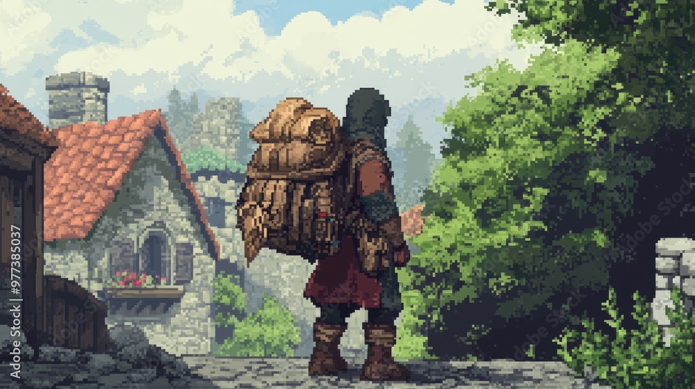 Pixel art character of a merchant carrying a backpack filled with ...