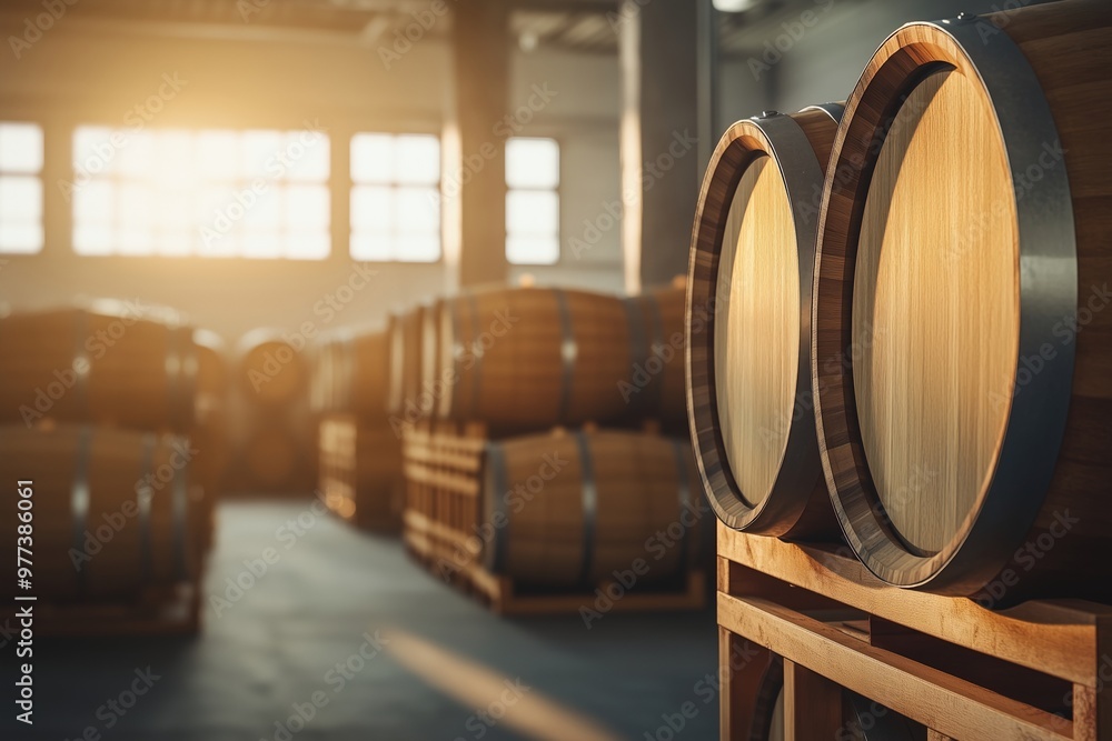 Backgroud image. Oak wine barrels in old dark wine cellar Stacks of ...
