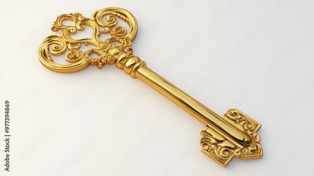 Ornate Golden Key with Intricate Engravings, Featuring a Shiny and ...