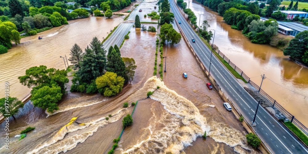 Aerial view of a heavily flooded urban road with murky water overtaking ...