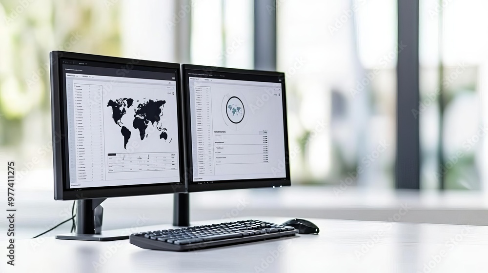 Efficient travel management setup featuring a dual-screen computer ...