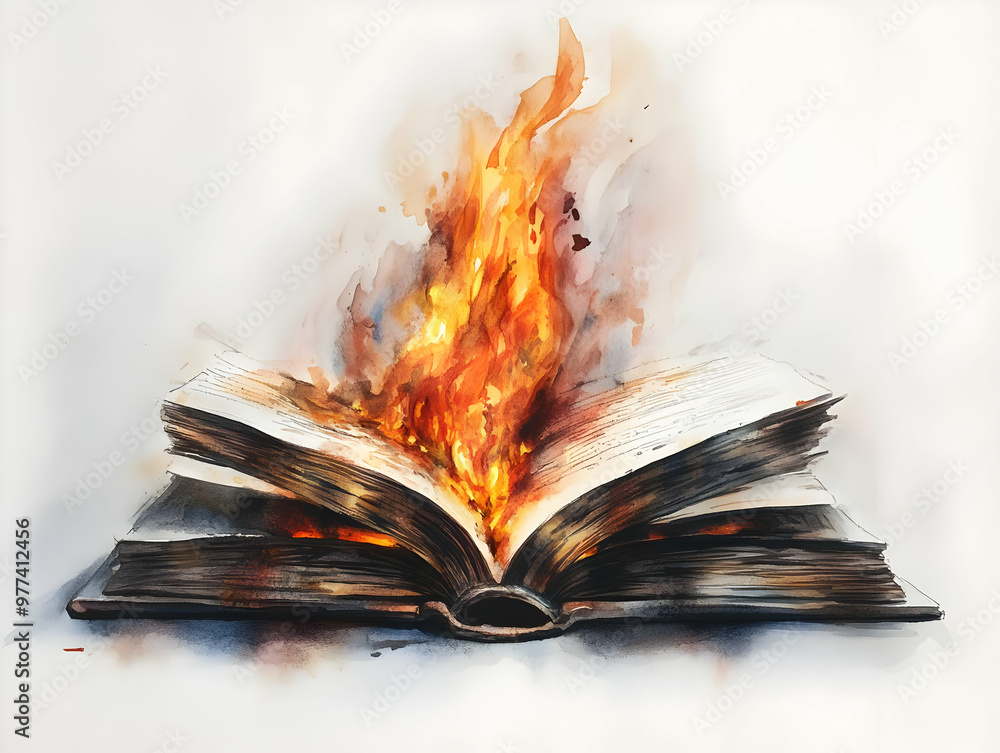 An artistic representation of a burning book, symbolizing powerful ...