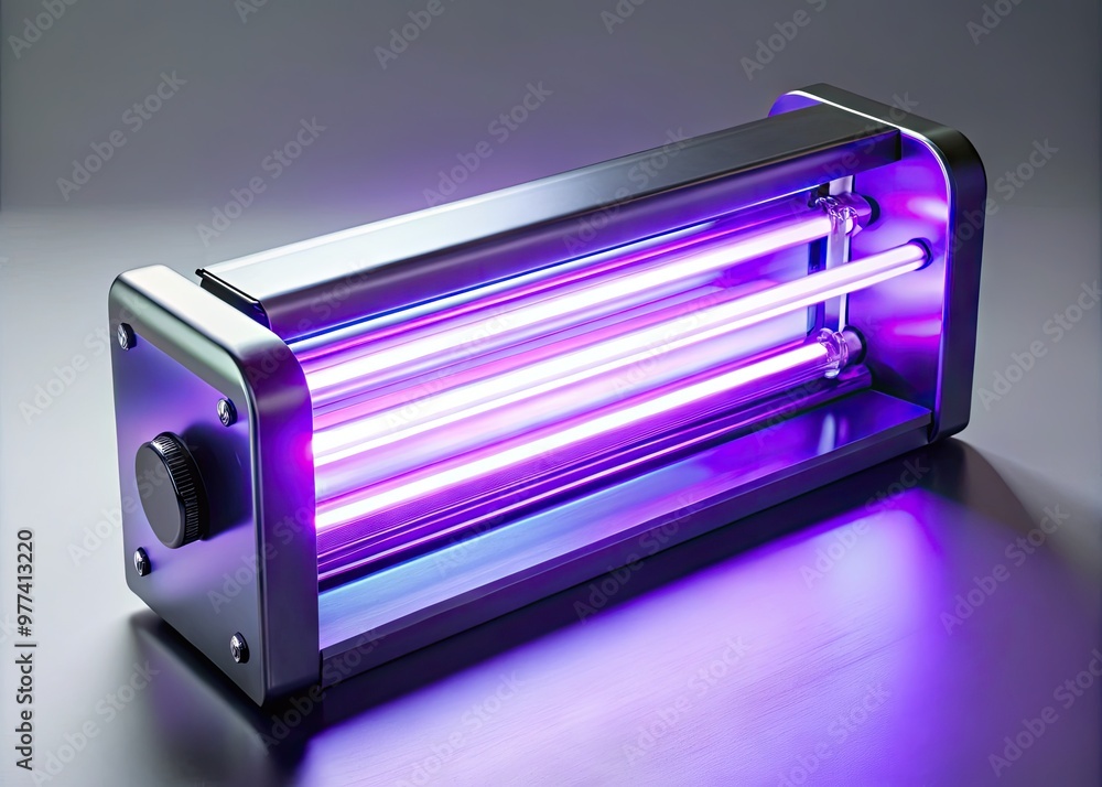 A modern UV lamp with a sleek design and purple glow emits intense ...