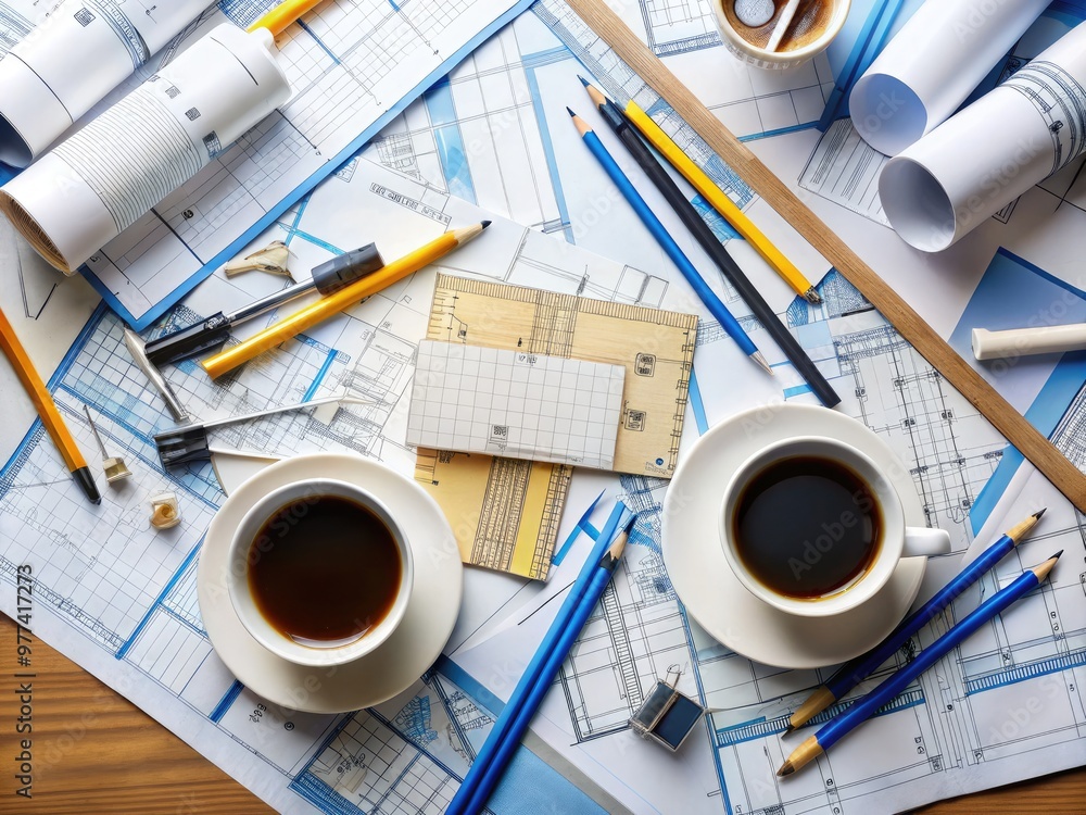 Architectural blueprints and technical drawings spread out on a ...