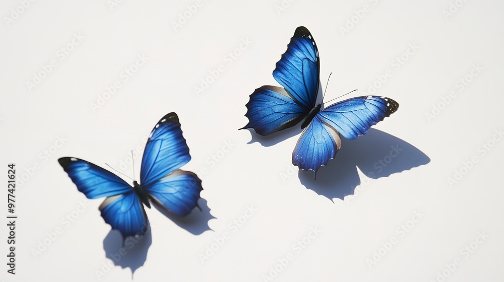 Two blue butterflies fly side by side against a pristine white backdrop ...