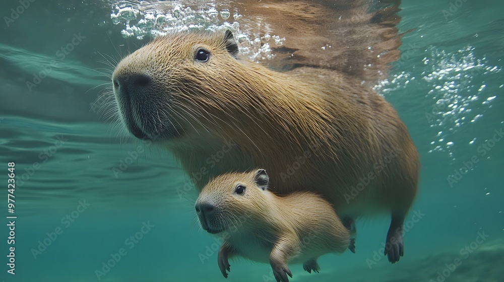 Mother capybara, swimming with her puppy in crystal clear water ...