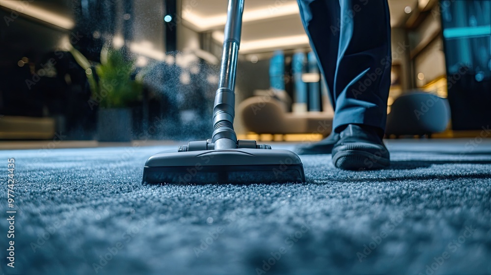 Janitor cleaning a carpet with a vacuum cleaner, representing effective ...