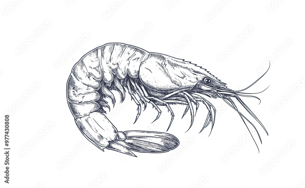 Seafood, shrimp prawn. Vintage retro print, black white seafood shrimp ...