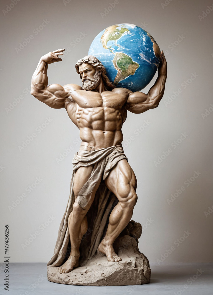 atlas statue holding rounded earth in the hands, on the head, concrete ...