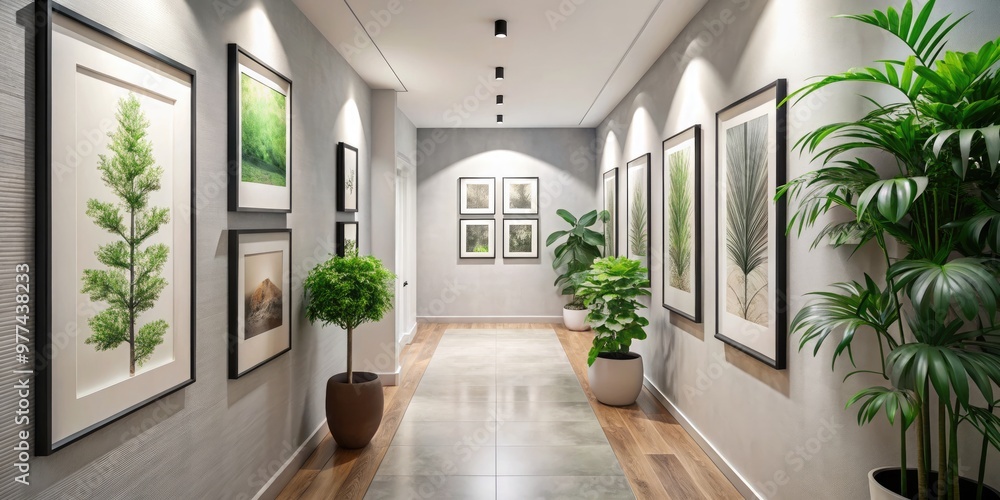 Bird's eye view of a modern empty hallway with minimalist furniture ...