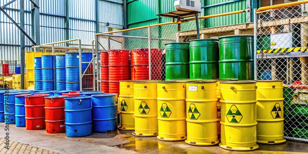 Brightly colored toxic waste drums with hazard symbols and warning ...