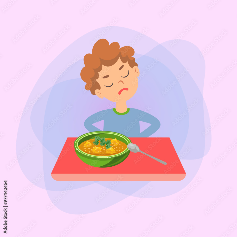Picky boy refusing healthy food. Cartoon vector illustration. Child ...
