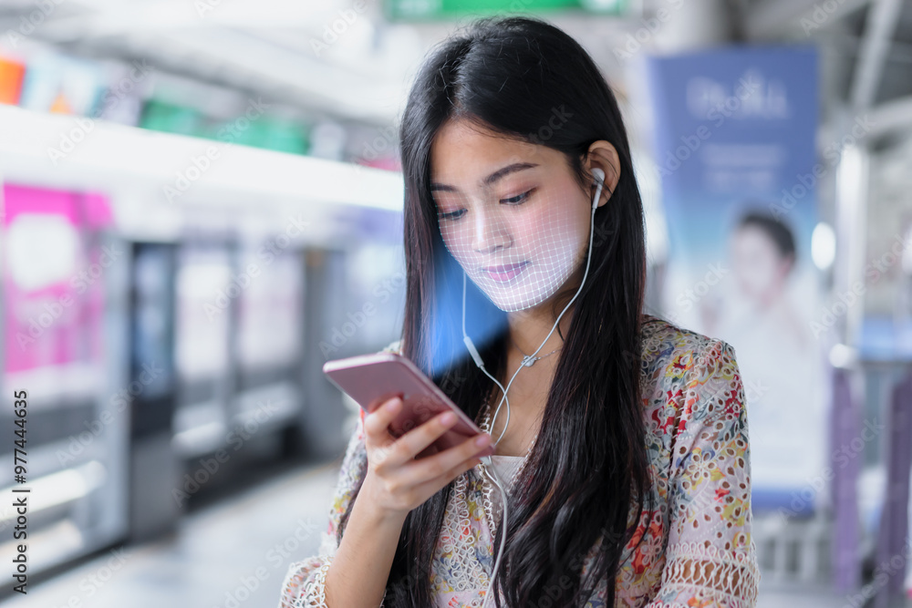 Asian female using smartphone scanning face ID to unlock security with ...