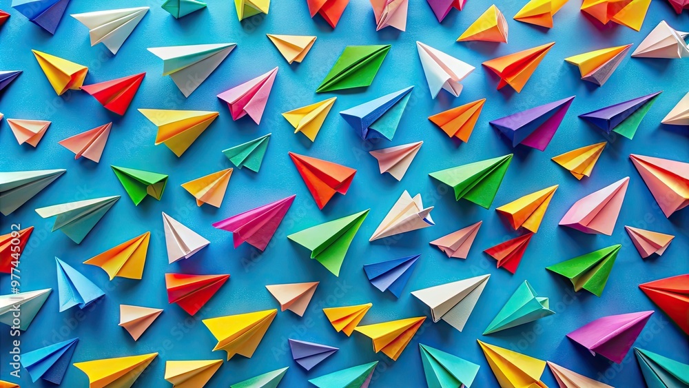 Colorful paper airplanes in various sizes and angles form a whimsical ...