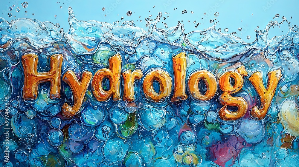 The word 'Hydrology' is written in a watery text surrounded by bubbles ...