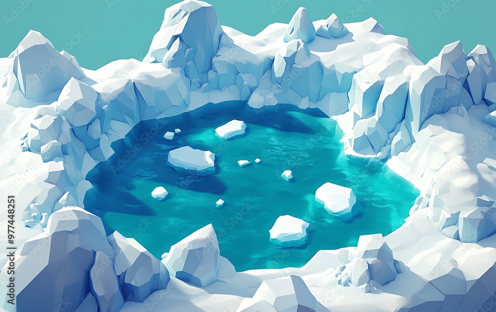 Arctic Fantasy World Map: Isometric Ice Floe with Low-Poly Icebergs in ...