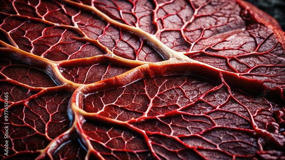 Dark, moody, and intense close-up of raw, tender beef liver, exposing ...