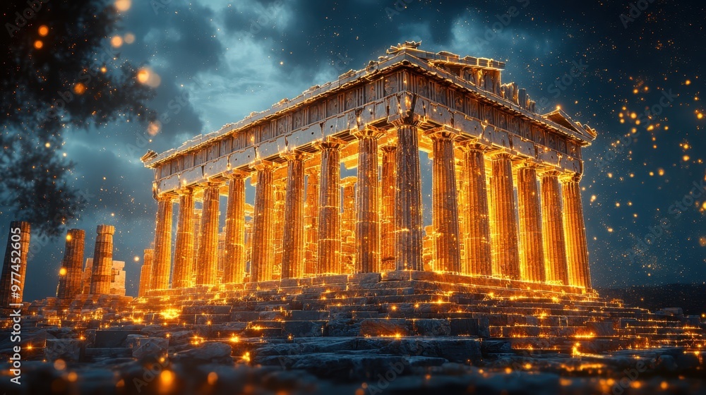 4. 3D hologram of the Parthenon in Athens, its ancient structure made up of glowing light ...