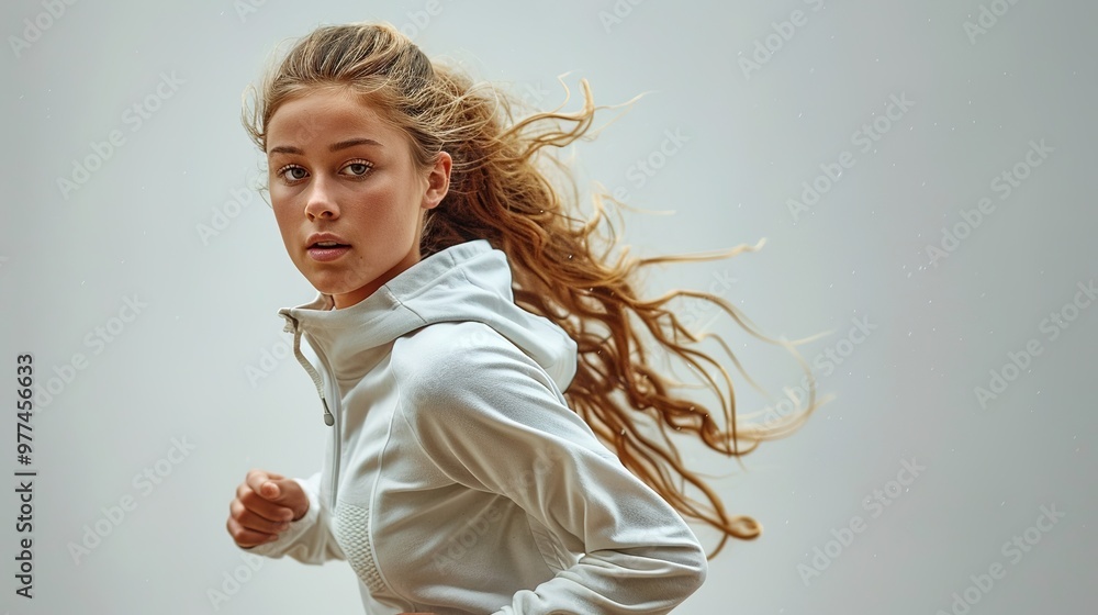A dynamic picture showing a person in full motion, running on a clean ...
