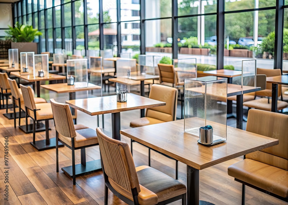 Empty tables and chairs sit spaced apart with plexiglass dividers, hand ...