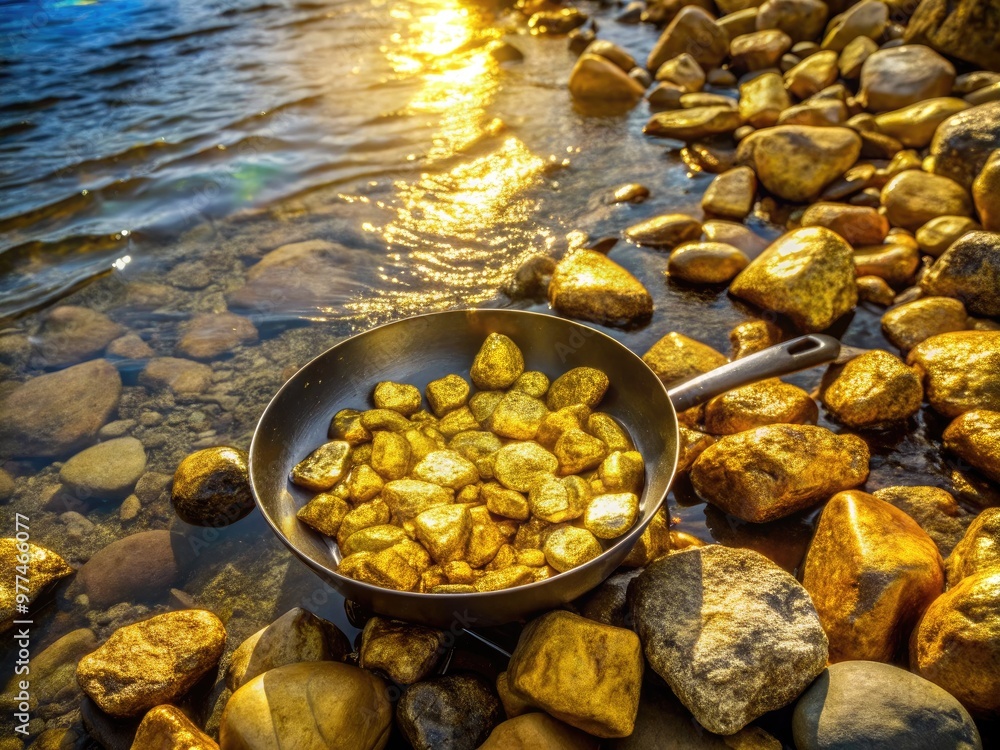 Glistening gold nuggets gleam in the pan, surrounded by smooth river ...
