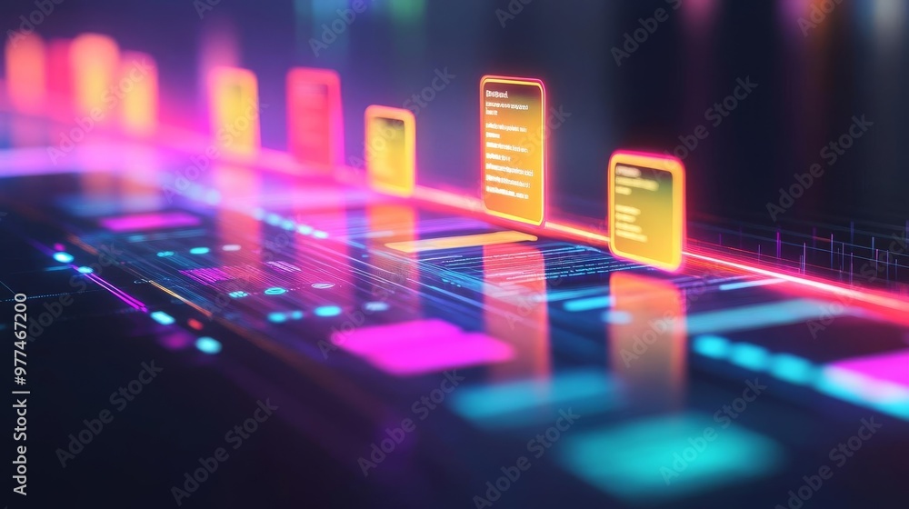 User experience roadmap planner, glowing milestones, holographic ...