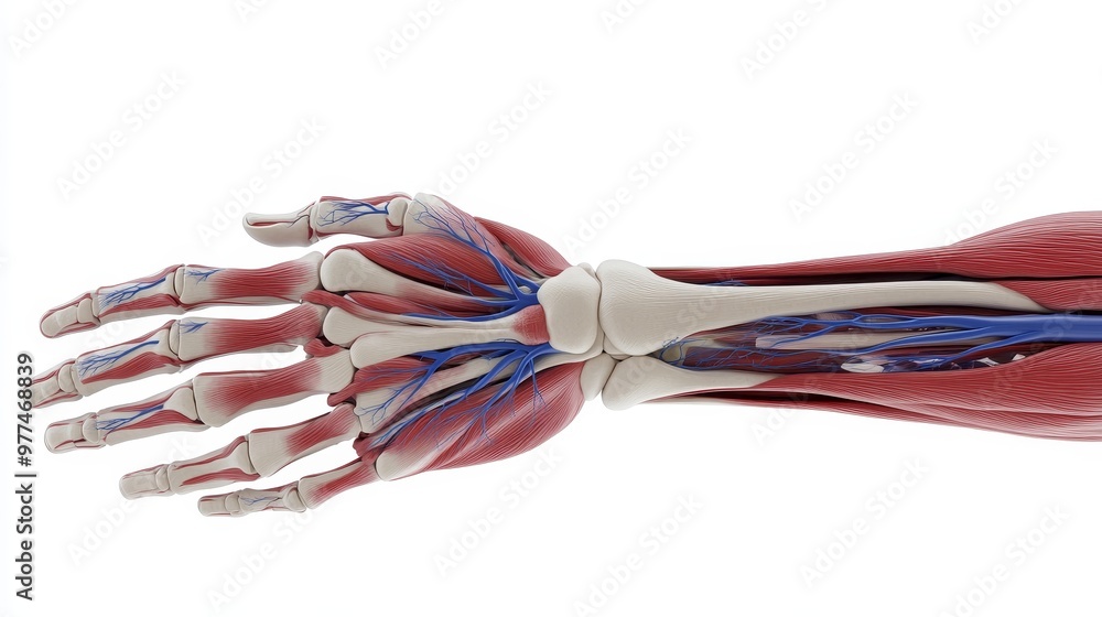 Female hand and wrist anatomy, back, posterior view, white background ...