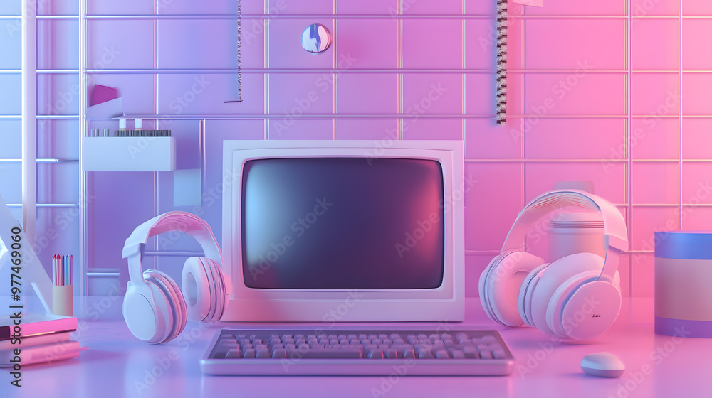 A vintage computer with a bulky monitor, old-school keyboard, and neon ...