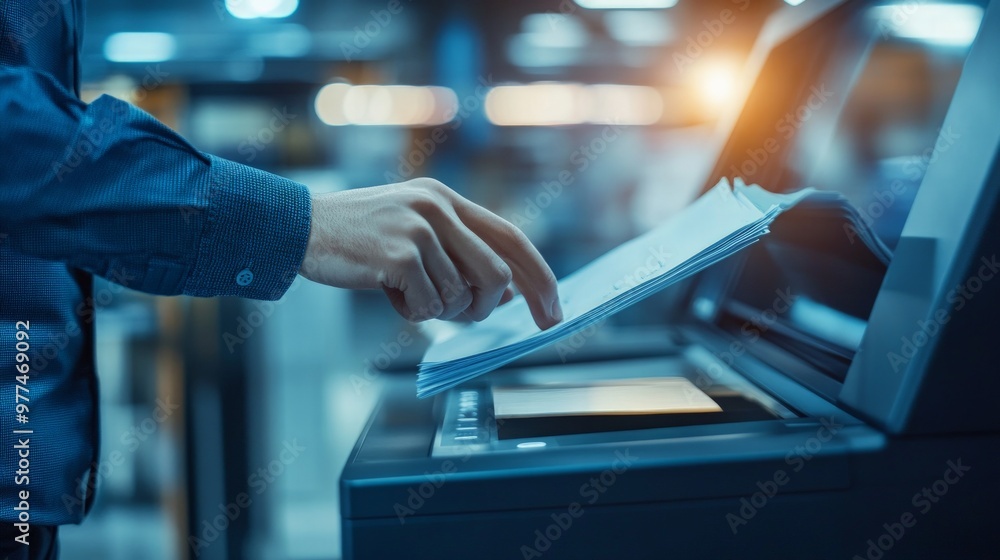 Employee scanning documents with a high-tech scanner, instantly uploading files to a cloud ...