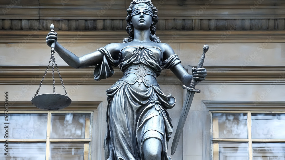 A statue of Lady Justice stands isolated, blindfolded, holding scales ...