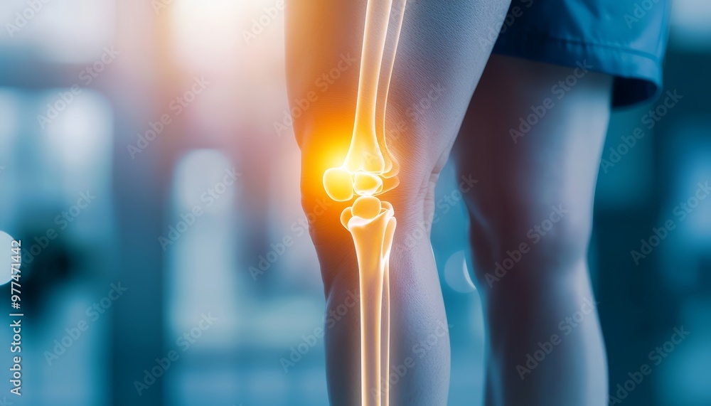 A glowing knee joint highlighted on a medical chart, showing the ...