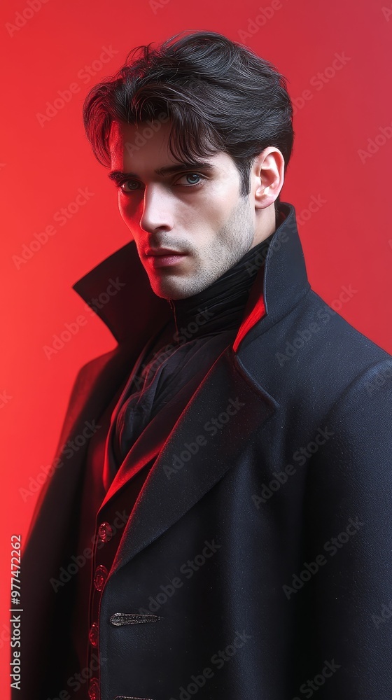 Man in a dark, sultry vampire costume, long coat with red lining ...