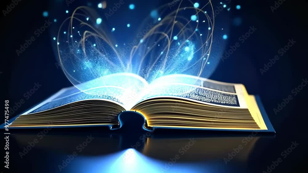 book with blue digital rays, particles and glowing on black background ...
