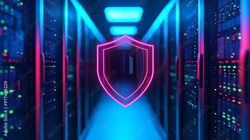 Data breach prevention, floating holographic shields, futuristic server ...