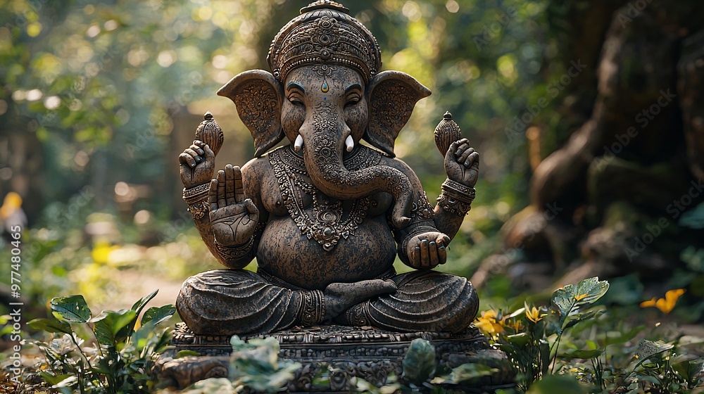 Create a 3D representation of Ganesh meditating in a forest, surrounded ...