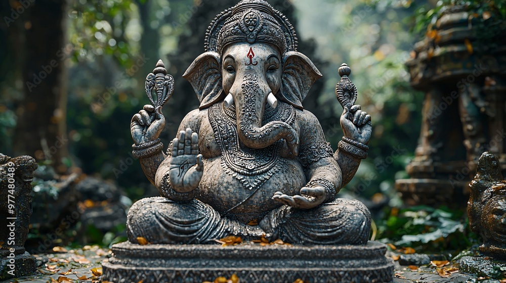 Create a 3D representation of Ganesh meditating in a forest, surrounded ...
