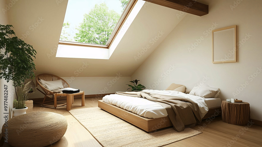 A compact attic bedroom featuring a futon bed, low furniture, and ...
