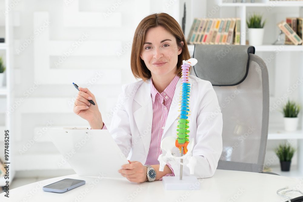 Young attractive female doctor orthopedist demonstrating the problem on ...