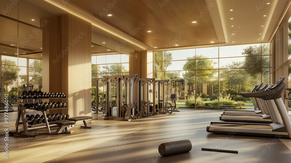 Modern gym interior with high-end fitness equipment, treadmills, weight ...
