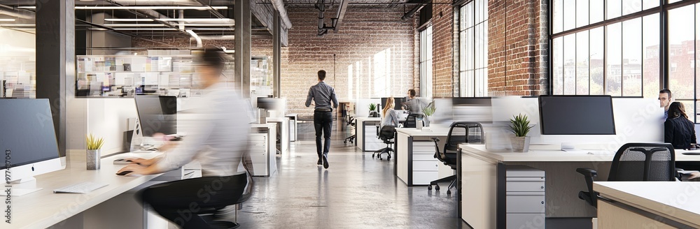 Corporate employees working in a co-working open space walking in ...