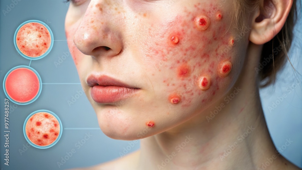 Red inflamed skin with infected pores and bumps, surrounded by a subtle ...