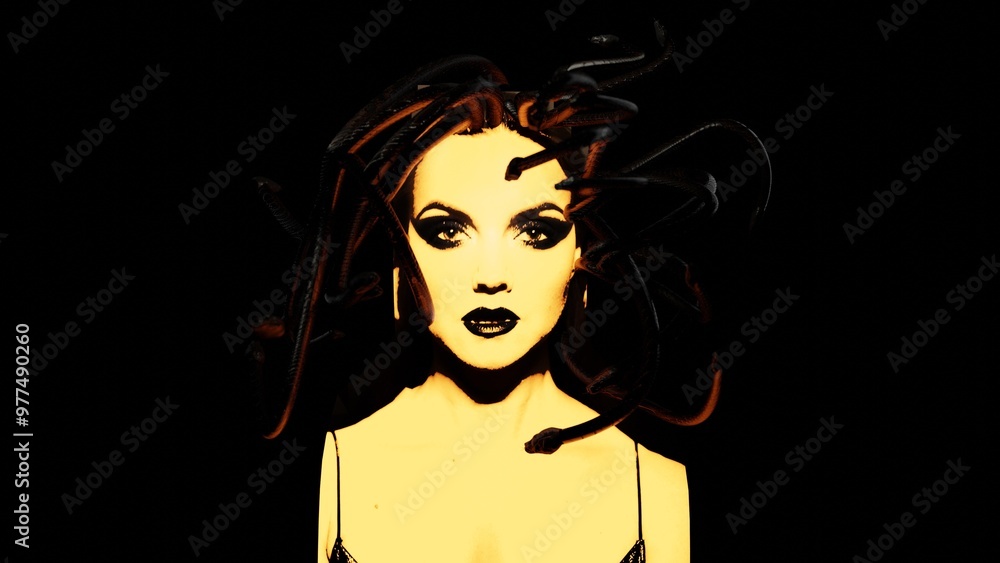 Gorgon medusa. The camera suddenly zooms in, shock on the face, snakes ...