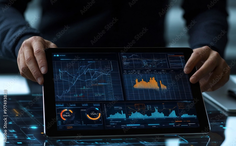 A data analyst uses a computer and dashboard to analyze data, and a ...