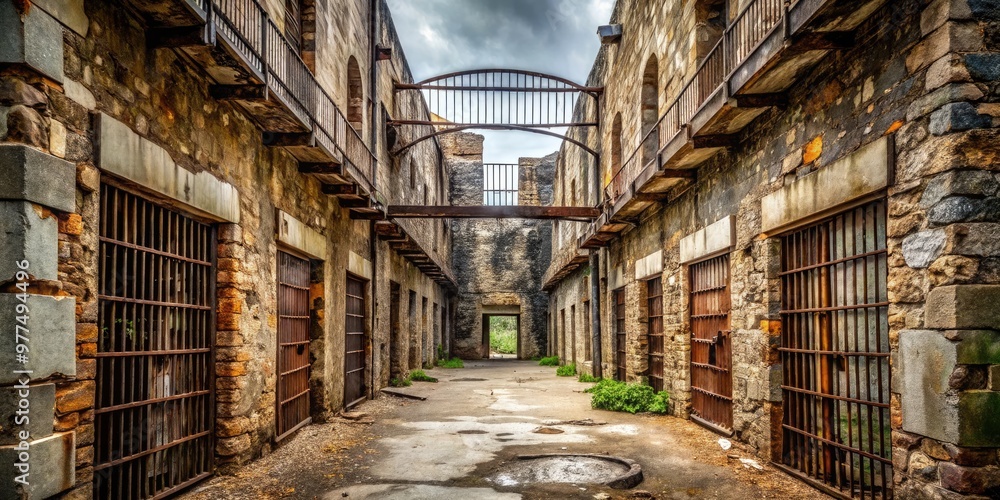 Rusty iron gates and crumbling stone walls enclose a desolate, dimly ...