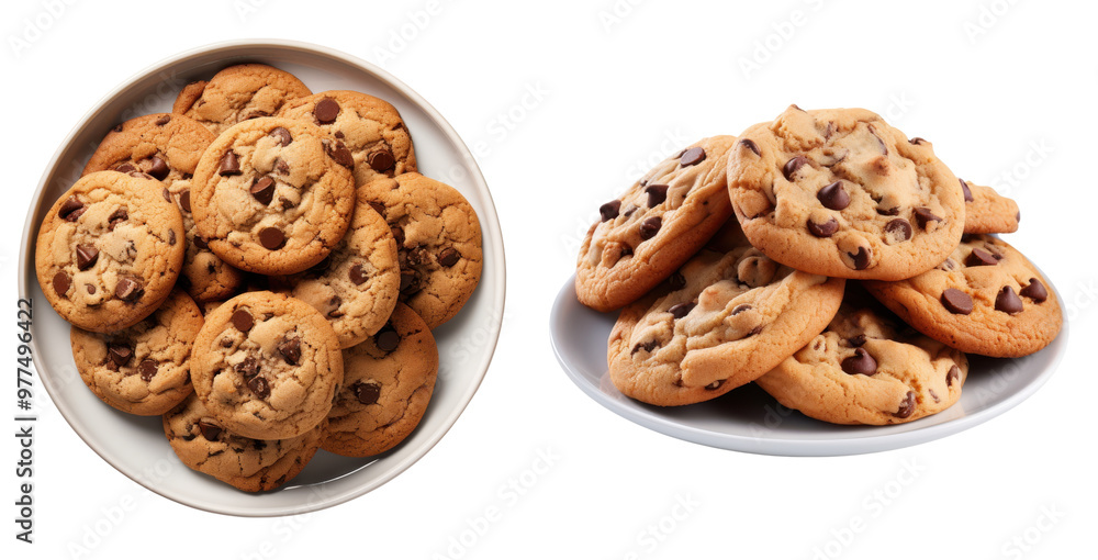 Plate of Chocolate Chip Cookies,side and top view, isolated on a ...