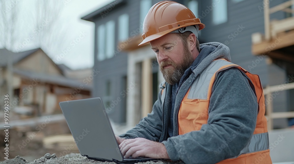 scene of a construction worker in a hardhat using a laptop on site, highlighting the importance ...