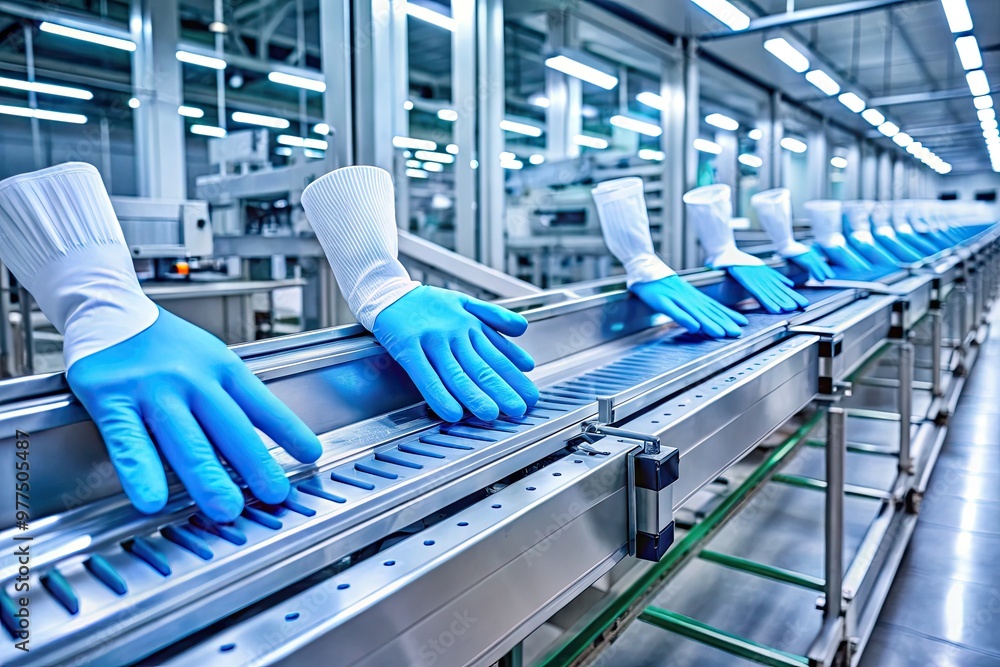 Sterile gloves and medical devices move along a conveyor belt in a ...