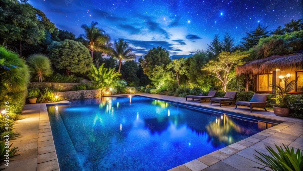 Vibrant blue pool water glimmers under a starry night sky, surrounded ...